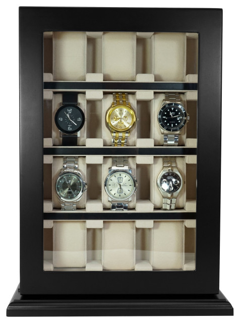 12 Piece Black Ebony Wood Watch Wall Hanging Display Case and Storage ...