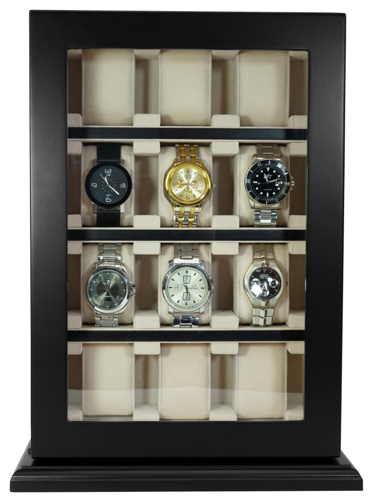 12 Piece Black Ebony Wood Watch Wall Hanging Display Case and Storage ...