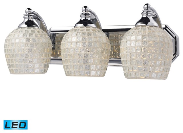 3 Light Vanity, Polished Chrome and Silver Mosaic Glass, LED ...
