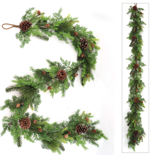 Real Touch Christmas Pine Garland 6'x9"Juniper And Natural Cones 2 Pack ...