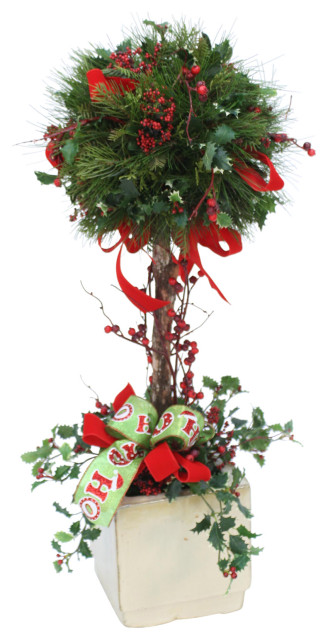Holiday Topiary with Holly and Ribbon - Traditional - Artificial Plants ...