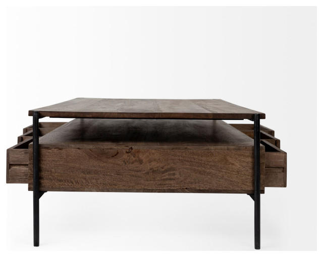 Glenn II 54x30 Brown Solid Wood Black Metal Base With3 Drawers Coffee ...