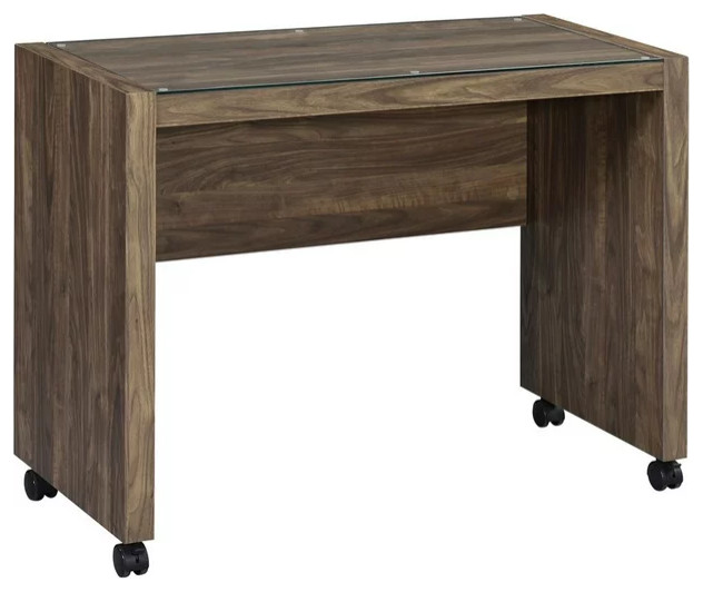 Modern Desk, Wooden Frame With Wheels & Tempered Glass, Aged Walnut ...