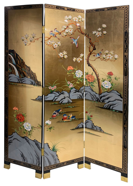 Oriental Folding Screen Hand Painted Gold Leaf Waterfall - Asian ...