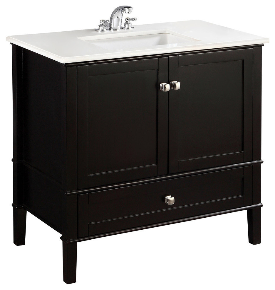 Chelsea Contemporary Bath Vanity, Black, White Engineered Quartz Marble ...