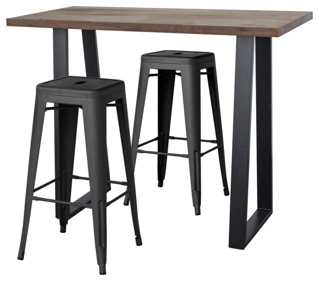 Acacia Wood Top Bar Height Pub Set With Matte Black Bar Stools, 3 Piece ...
