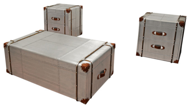 Pilot 3-Piece Coffee Table Set - Two 2-Drawer Side Tables With Leather ...