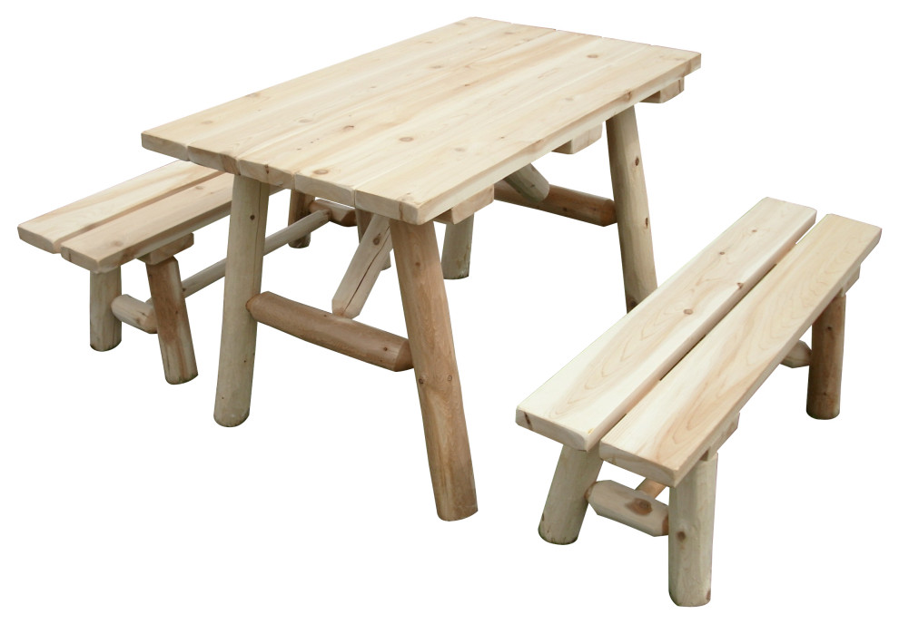 White Cedar Log Picnic Table With 2 Benches, 4 Foot - Rustic - Outdoor ...