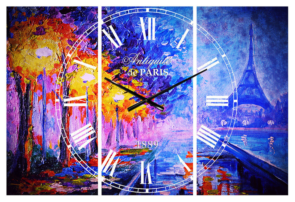 View of Paris Eiffel Tower French Country 3 Panels Metal Clock ...