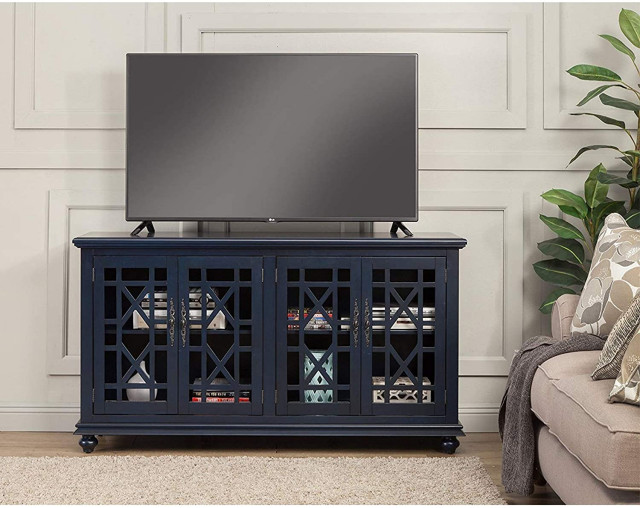 Benzara BM178118 Wooden TV Stand With Trellis Detailed Doors, Blue ...