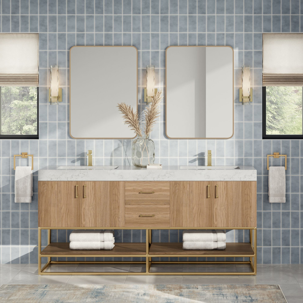 Bahia Bath Vanity, Oak, 72", Brushed Gold Hardware, Double ...