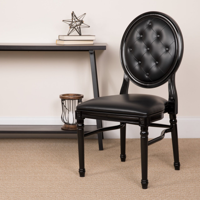 2 Pack Dining Chair, Fluted Legs & Black Vinyl Seat With Button Tufted ...