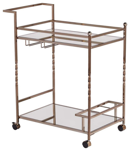 Pemberly Row Glass Mirrored Metal Bar Cart in Champagne Finish ...