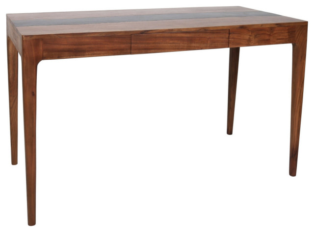 52" Writing Desk, Natural Textured Acacia Wood, Burnished Brown ...