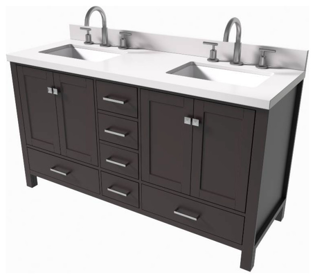 Cambridge Espresso 61" Double Rectangle Sink Vanity With White Quartz ...