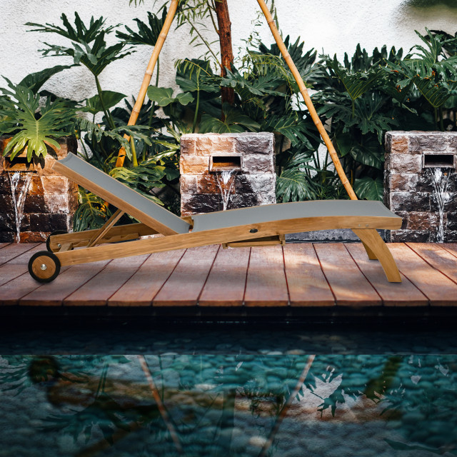 Teak Wood Bahama Pool Lounger With Batyline Mesh, Grey - Transitional ...