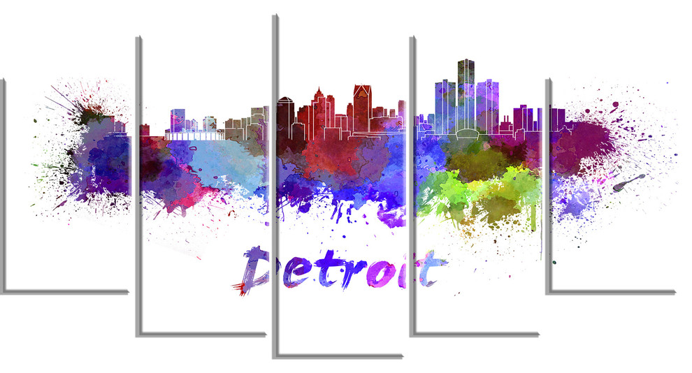 "Detroit Skyline" Cityscape Canvas Artwork Print, 60"x32 ...