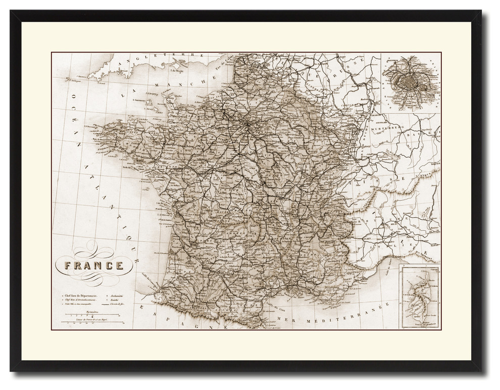 France Paris Vintage Sepia Map Canvas Print, 28"x37" - Contemporary ...