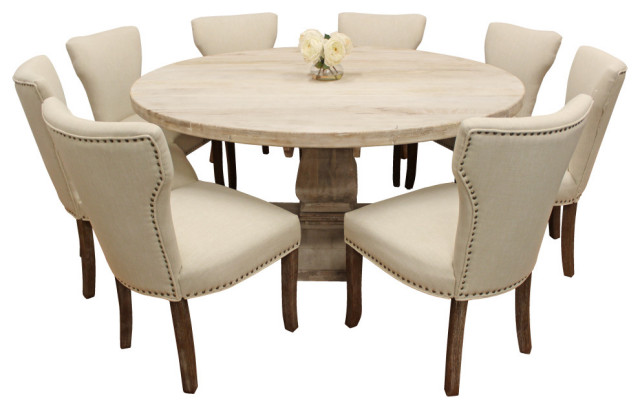 Benedict 9-Piece Dining Set, 70" Round Dining Table & 8 Ivory Linen Chairs - Farmhouse - Dining ...