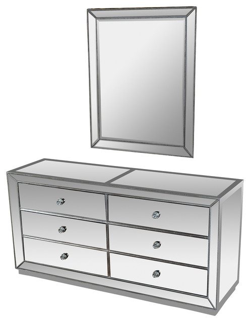 Jameson Silver Mirrored Bedroom Dresser and Mirror, 2-Piece Set ...