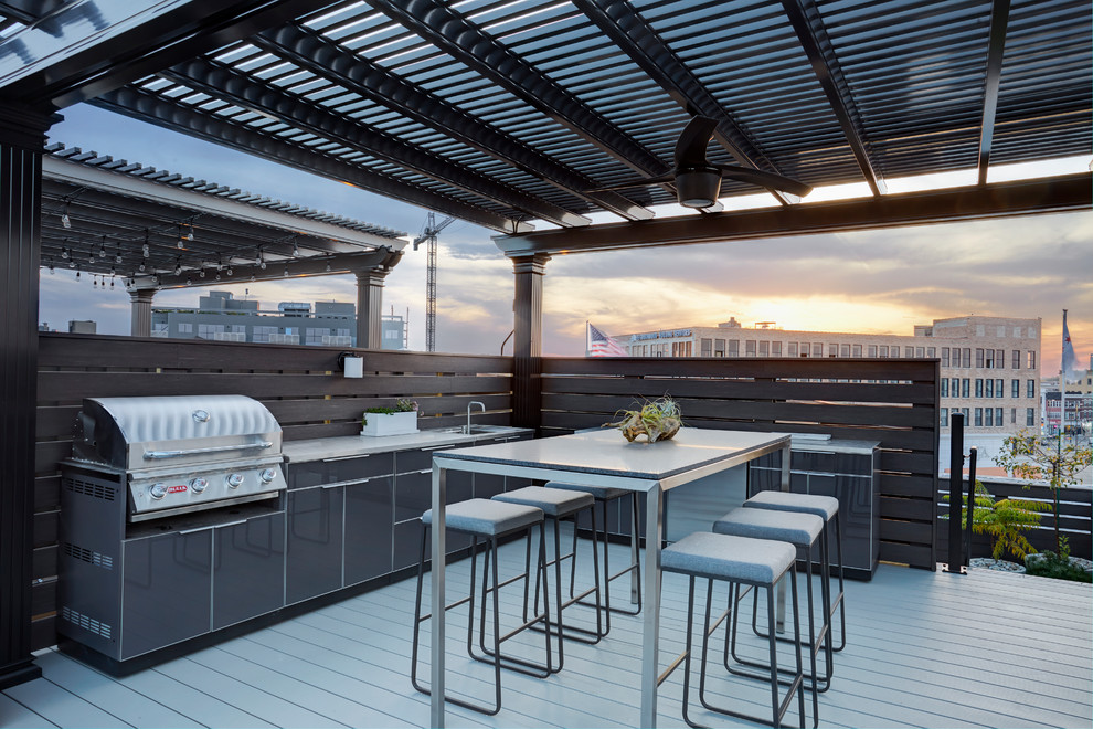 Rooftop with Outdoor Kitchen Under Pergola - Contemporary - Deck ...