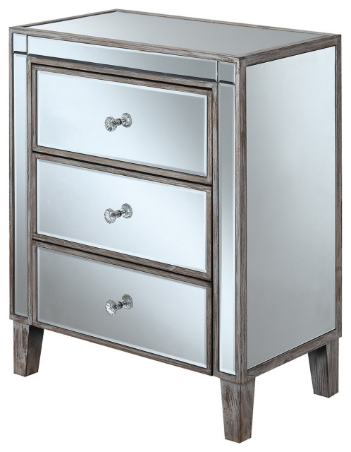 Elegant Mirrored End Table, 3 Drawers With Faux Crystal Knobs ...