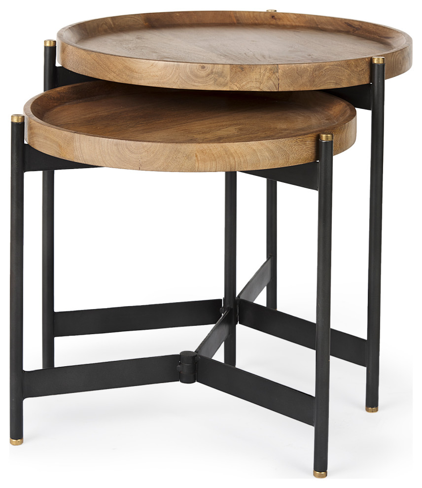 Marquisa Medium Brown Solid Wood w/ Black Metal Base Round Nesting Side Tables - Industrial ...
