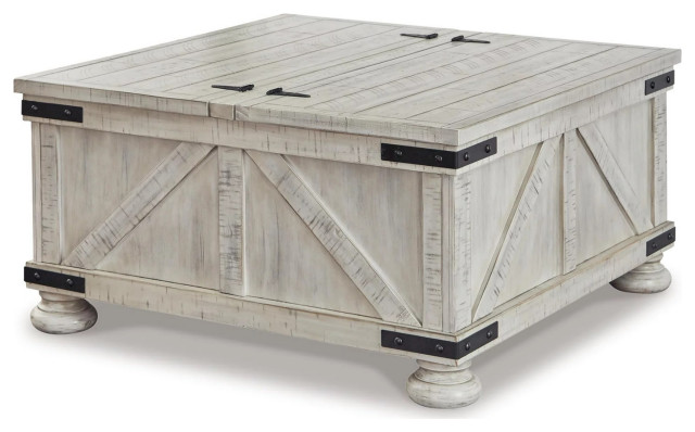 Whitewash Square Coffee Table with Pine Frame, Crossbuck Detail, and ...