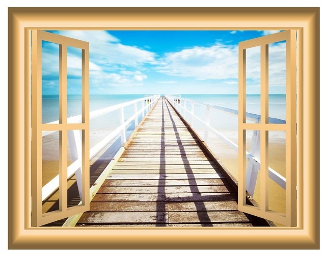 VWAQ Boardwalk Wall Art Ocean Beach Sticker Peel and Stick Mural, 24"h ...