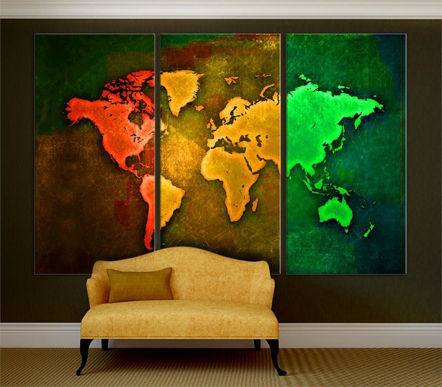 Color World Map, Pop Art Canvas Print 3 Panel Split, Triptych Wall Art ...