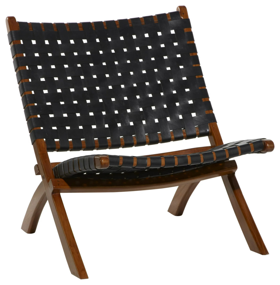 Contemporary Folding Chair, Mahogany Wood Frame With Woven Leather Seat ...