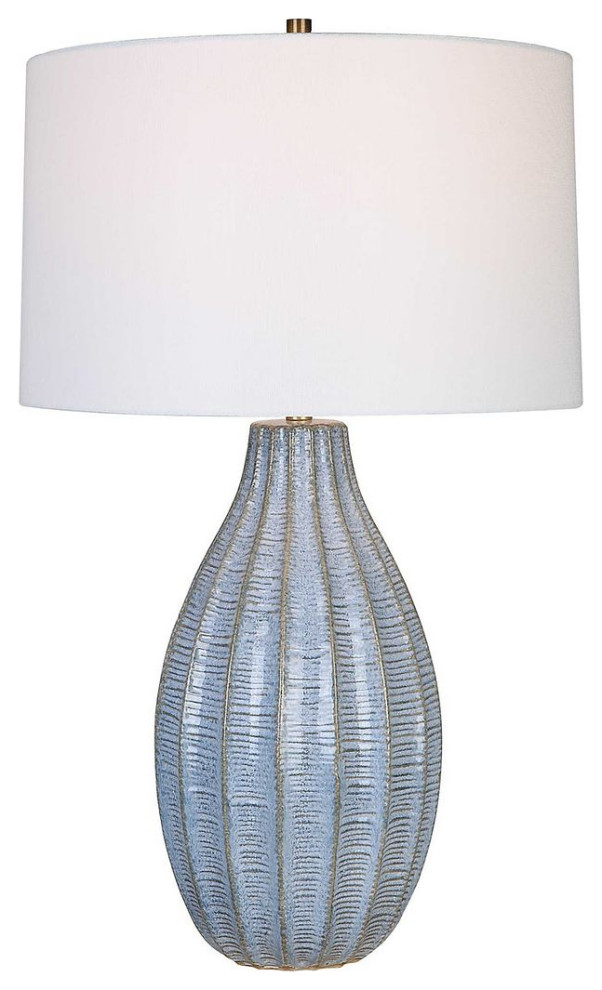 Curved Light Blue Ribbed Striped Table Lamp 28 in Ceramic Contemporary ...