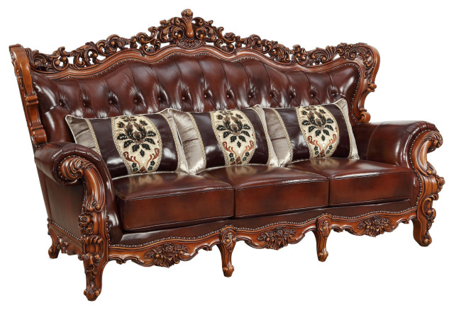 ACME Eustoma Sofa With 3 Pillows, Cherry Top Grain Leather Match and ...