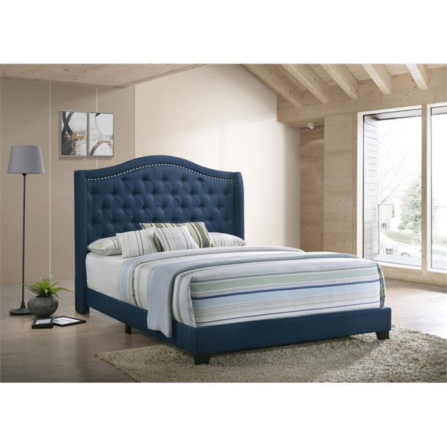 Pemberly Row Fabric Upholstered Camel Headboard Queen Bed in Blue ...