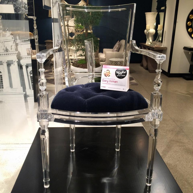 Luxe Clear Acrylic Arm Chair, Dining Dark Blue Tufted Mohair Velvet ...
