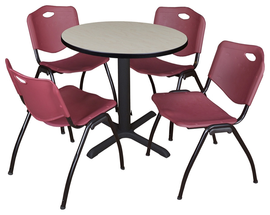 Cain 30 Round Breakroom Table- Maple & 4 'M' Stack Chairs- Burgundy ...