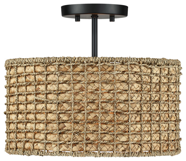 13.6" 2-Light Natural Rattan Semi-Flush Mount Ceiling Light With Black ...