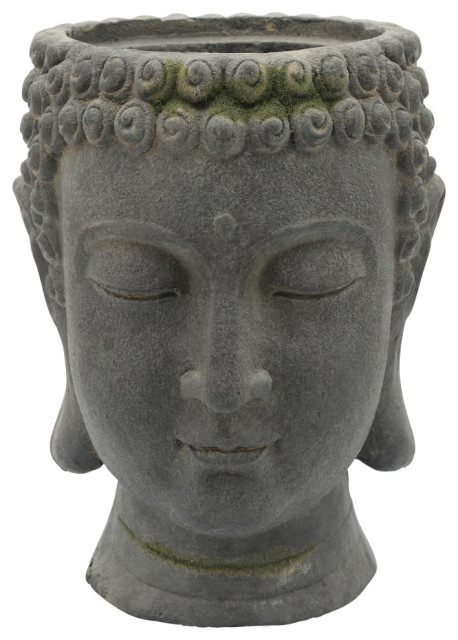 Resin, 11" Buddha Head Planter, Black - Asian - Outdoor Pots And ...