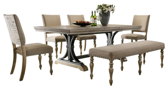 8 Pcs Dining Set, Microfiber Cushioned Bench & Chairs With Black Script ...