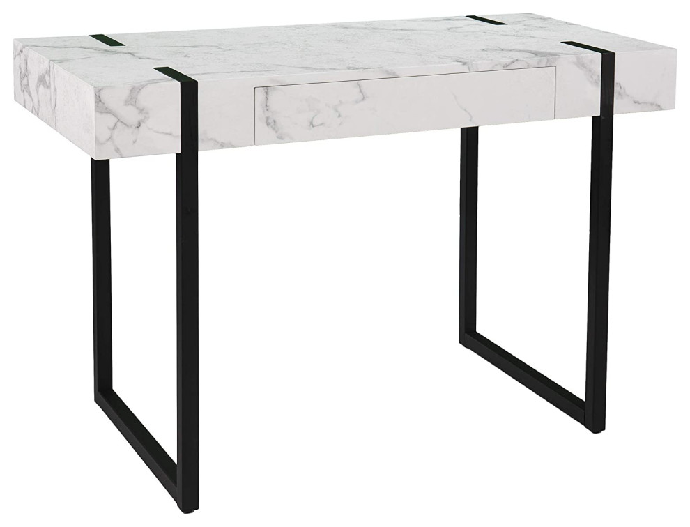 Contemporary Desk, Sleek Legs and Faux Marble Desktop With Storage ...