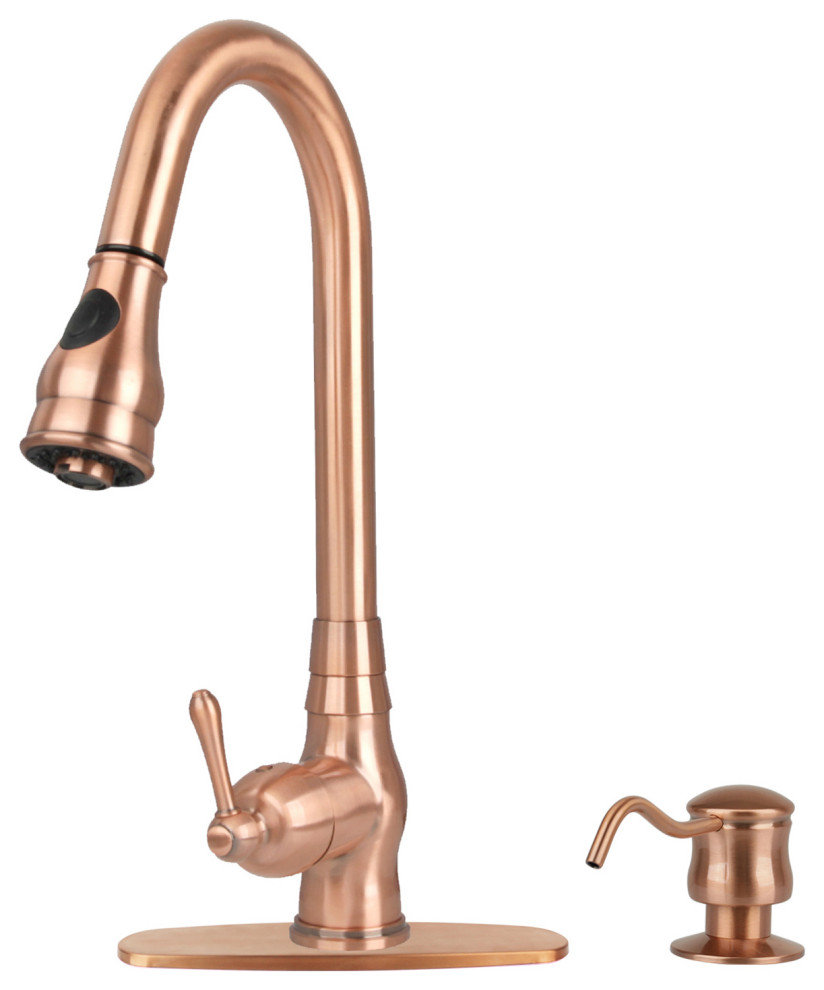 Copper Pull Down Kitchen Faucet With Soap Dispenser and Deck Plate, All ...