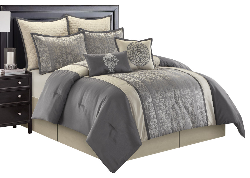 Arabesque Damask 8 Piece Comforter Set, Grey/Ivory - Traditional ...