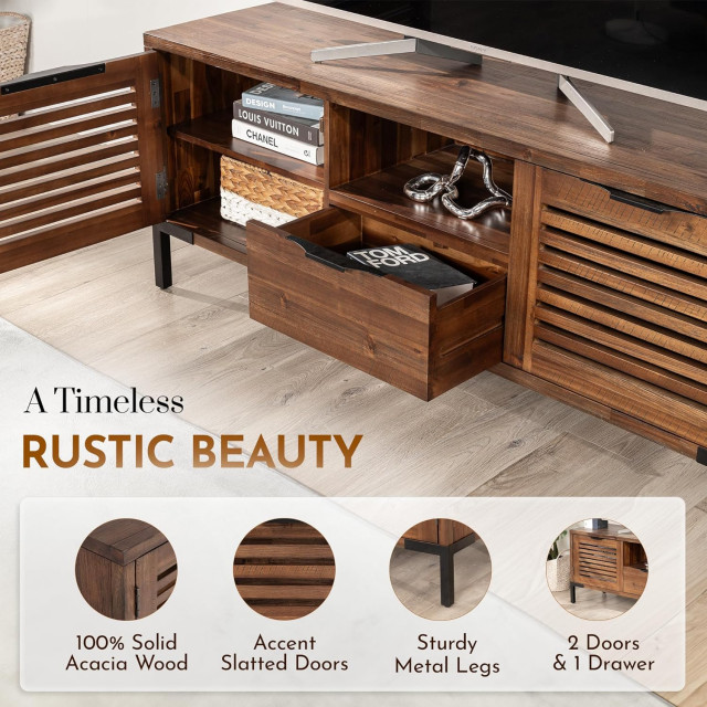 Rustic TV Stand, Louvered Cabinet Doors & Drawer With Metal Handles ...