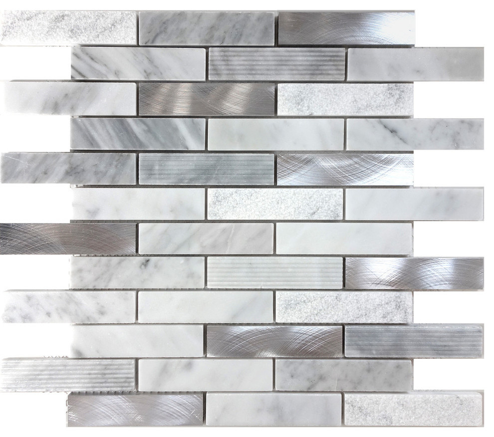 White Carrara Stone Wall Mosaic Tile Brick Joint, 12"x13.75", Single ...