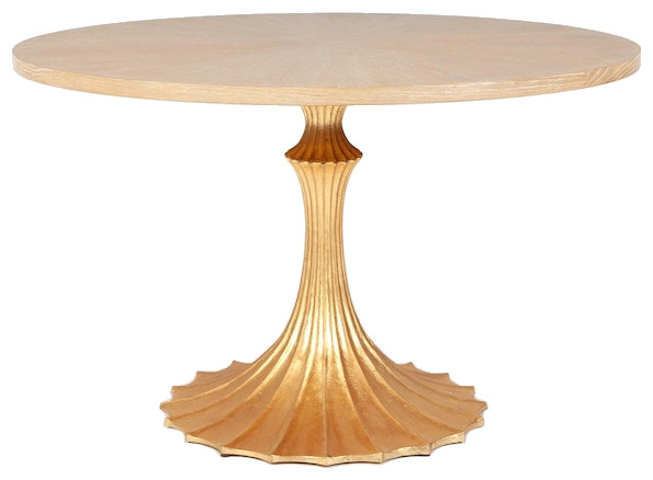 Flute Dining Table, 48" Round Cerused Oak Wood Top with Gold Leaf Base ...