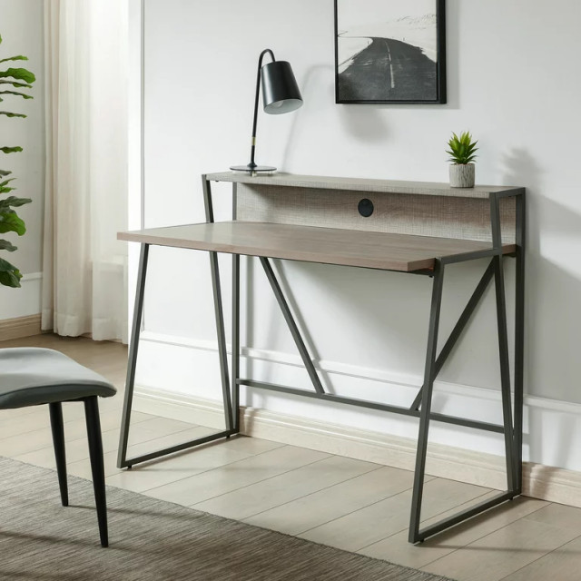Contemporary Desk, Geometric Metal Frame With MDF Top & Shelf ...