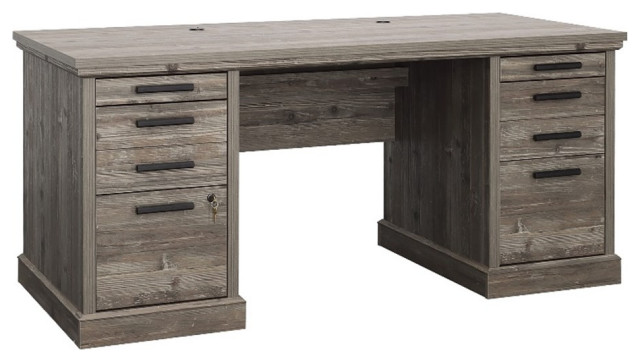 Pemberly Row Engineered Wood Executive Desk in Pebble Pine/Brown ...