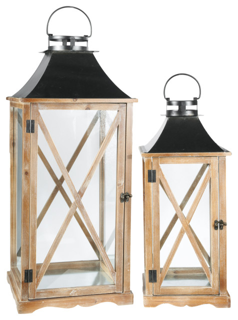 Square Wood Lantern with Dark Grey Metal Top Natural Brown Finish, Set ...