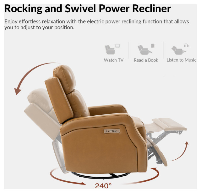 Genuine Leather Swivel Rocker Powered Recliner With Charging Stations ...