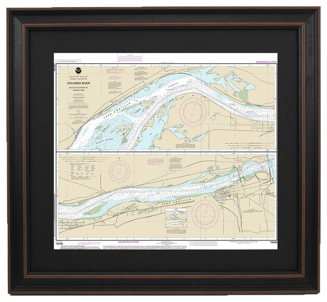 Framed Nautical Chart, Columbia River Blalock Islands to McNary Dam ...